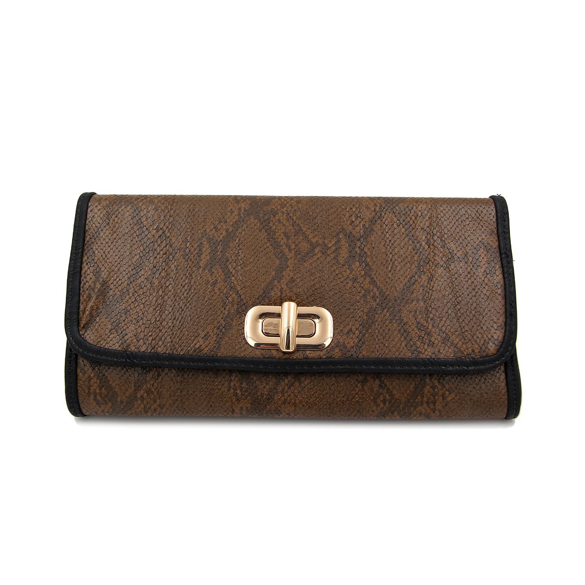 Premium Snakeskin PU Leather Turnlock Flap Handbag Clutch Bag, Coffee