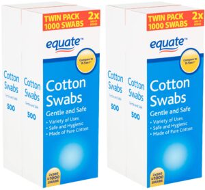 equate cotton swabs twin pack, 1000 count - 2 pack (for ears, beauty, makeup, babies, dogs, pets, and more). includes 2000 count total (4x 500 count = 2000 total).