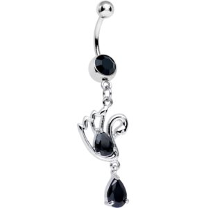 body candy womens black sparkling raindrop and swan dangle belly ring