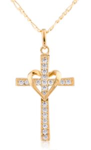 10k yellow gold, rose gold and white gold heart & cross pendant with an 16, 18, 20 and 22 inch gold overlay figaro necklace (18 inch, yellow gold)