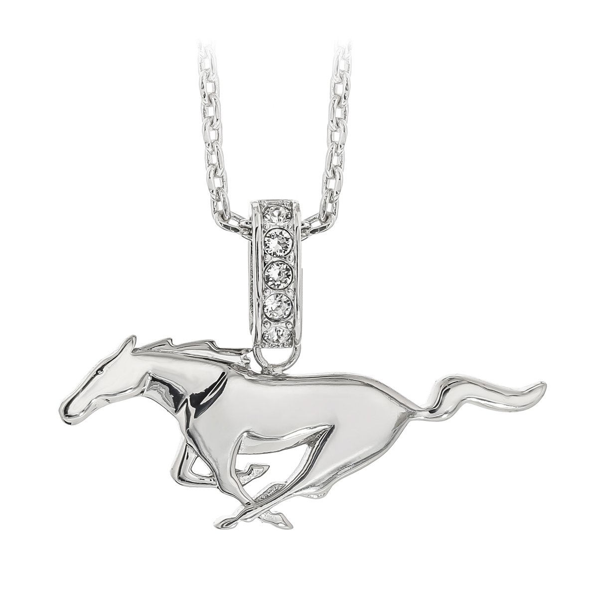 Ford Mustang Galloping Pony Necklace with Clear Crystals