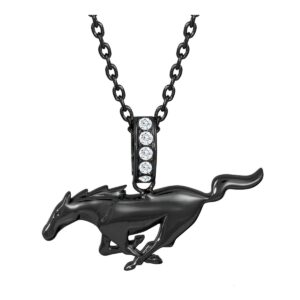 ‘black beauty’ ford mustang galloping pony logo necklace embellished with swarovski crystals. rhodium plated solid brass. 18" chain with 2” extender black rhodium plated .925 sterling silver.