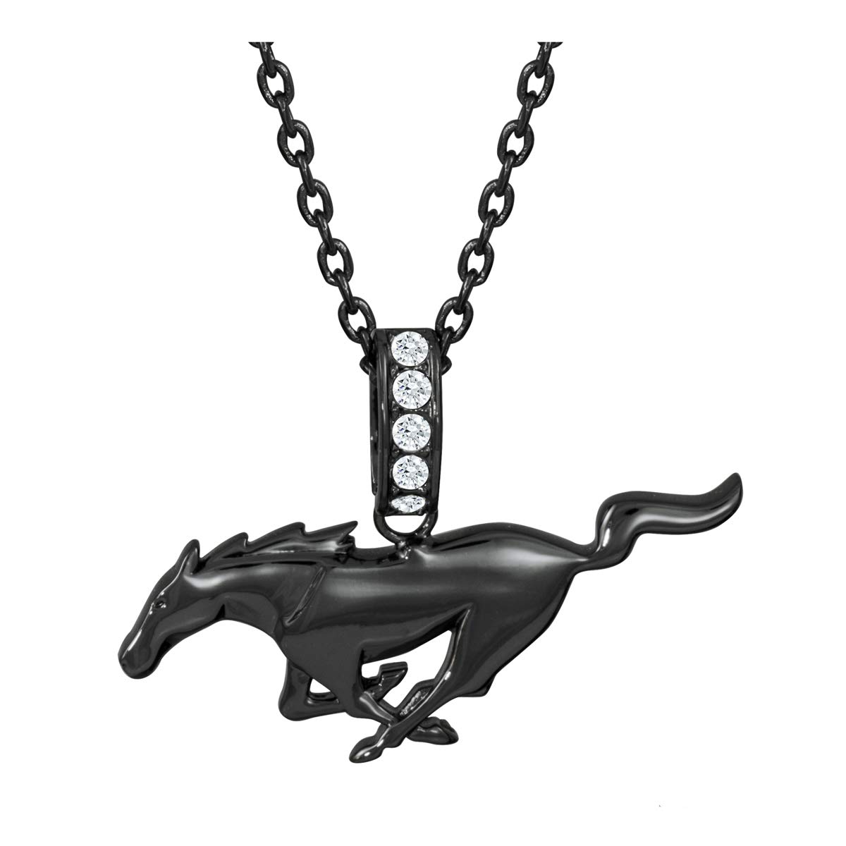 ‘Black Beauty’ Ford Mustang galloping Pony logo necklace embellished with Swarovski crystals. Rhodium plated solid Brass. 18" chain with 2” extender black Rhodium Plated .925 Sterling Silver.