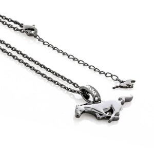 ‘Black Beauty’ Ford Mustang galloping Pony logo necklace embellished with Swarovski crystals. Rhodium plated solid Brass. 18" chain with 2” extender black Rhodium Plated .925 Sterling Silver.