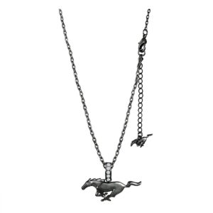 ‘Black Beauty’ Ford Mustang galloping Pony logo necklace embellished with Swarovski crystals. Rhodium plated solid Brass. 18" chain with 2” extender black Rhodium Plated .925 Sterling Silver.