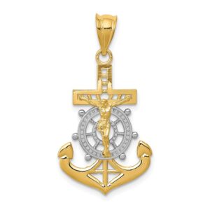 solid 14k yellow & white two tone gold diamond cut anchor mariners cross crucifix pendant (30mm x 17mm)