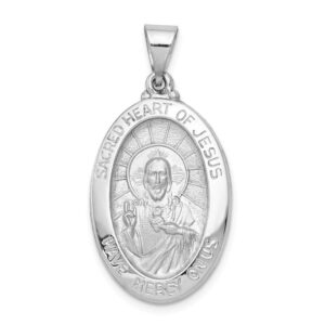 solid 14k white gold polished and satin sacred love heart of jesus medal pendant (27mm height x 17mm width)