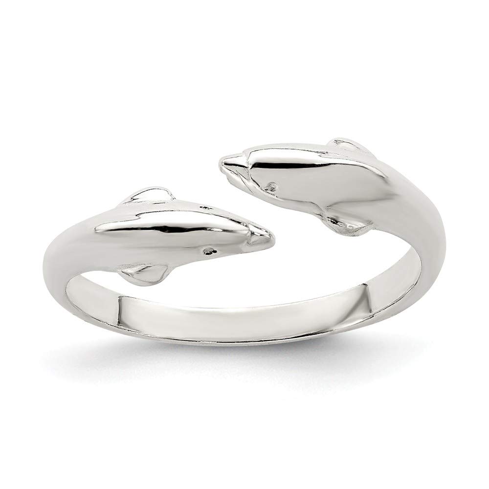 Solid 925 Sterling Silver Polished Dolphin Adjustable - One Size Fits All - Toe Ring (2mm)