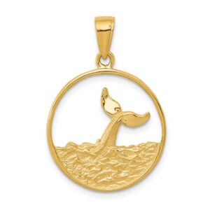 solid 14k yellow gold whale tail in circle with waves pendant (27mm x 18mm)