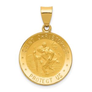 solid 14k yellow gold polished and satin st. christopher medal pendant (21mm height x 19mm width)