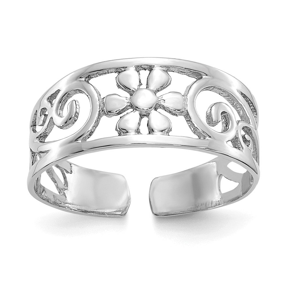 Solid 14k White Gold Floral Flower Adjustable One Size Fits All Toe Ring (3 to 6 mm)