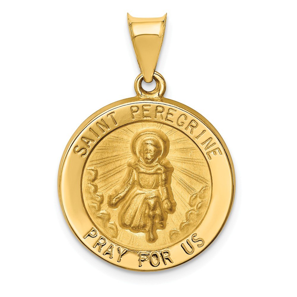 Solid 14k Yellow Gold Polished and Satin St. Peregrine Medal Pendant (21mm Height x 19mm Width)