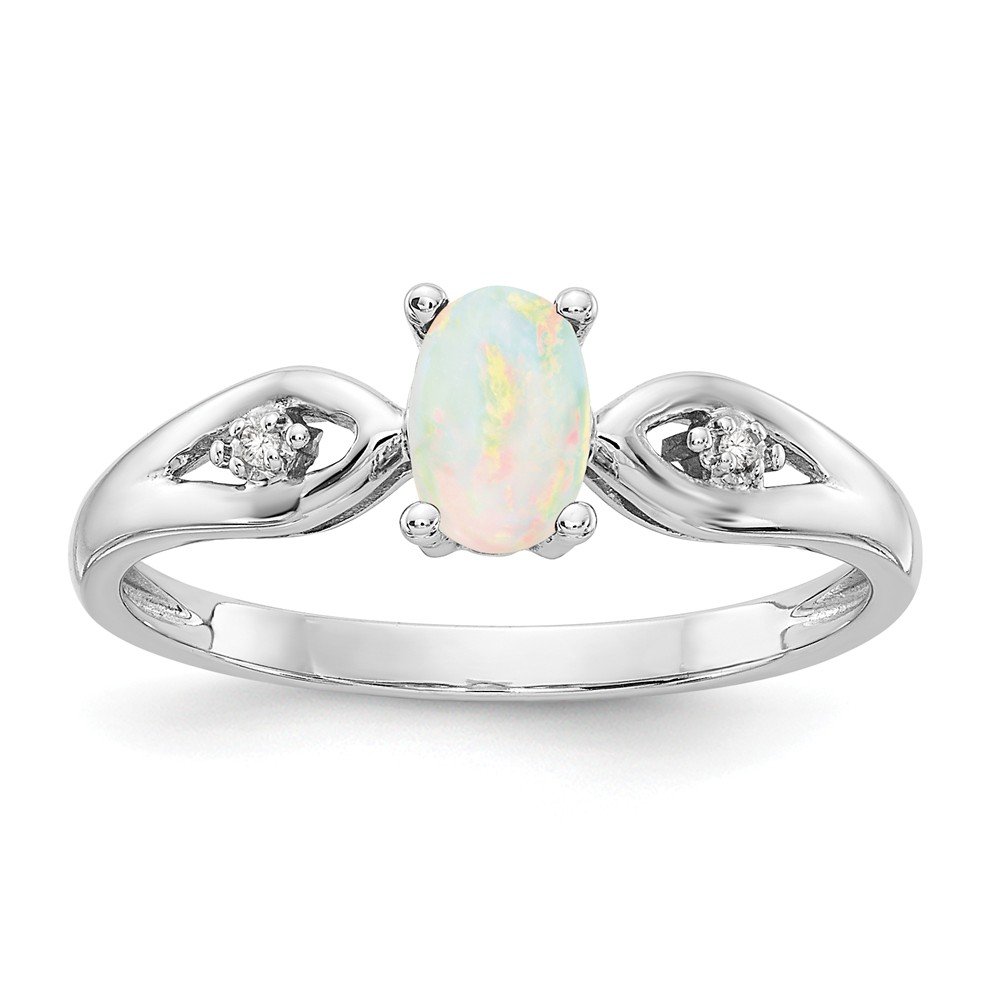 Size - 4.75 - Solid 14k White Gold Genuine Opal Diamond Engagement Wedding Ring (.01 cttw.) (2mm)