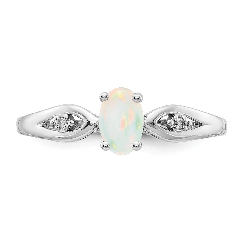 Size - 4.75 - Solid 14k White Gold Genuine Opal Diamond Engagement Wedding Ring (.01 cttw.) (2mm)