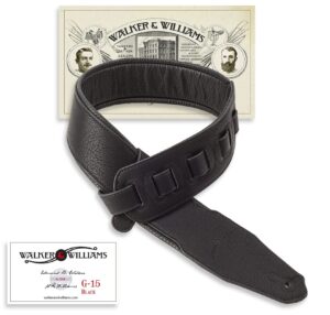 walker & williams g-15 black leather natural texture guitar strap with thick padding for acoustic, electric, and bass guitars