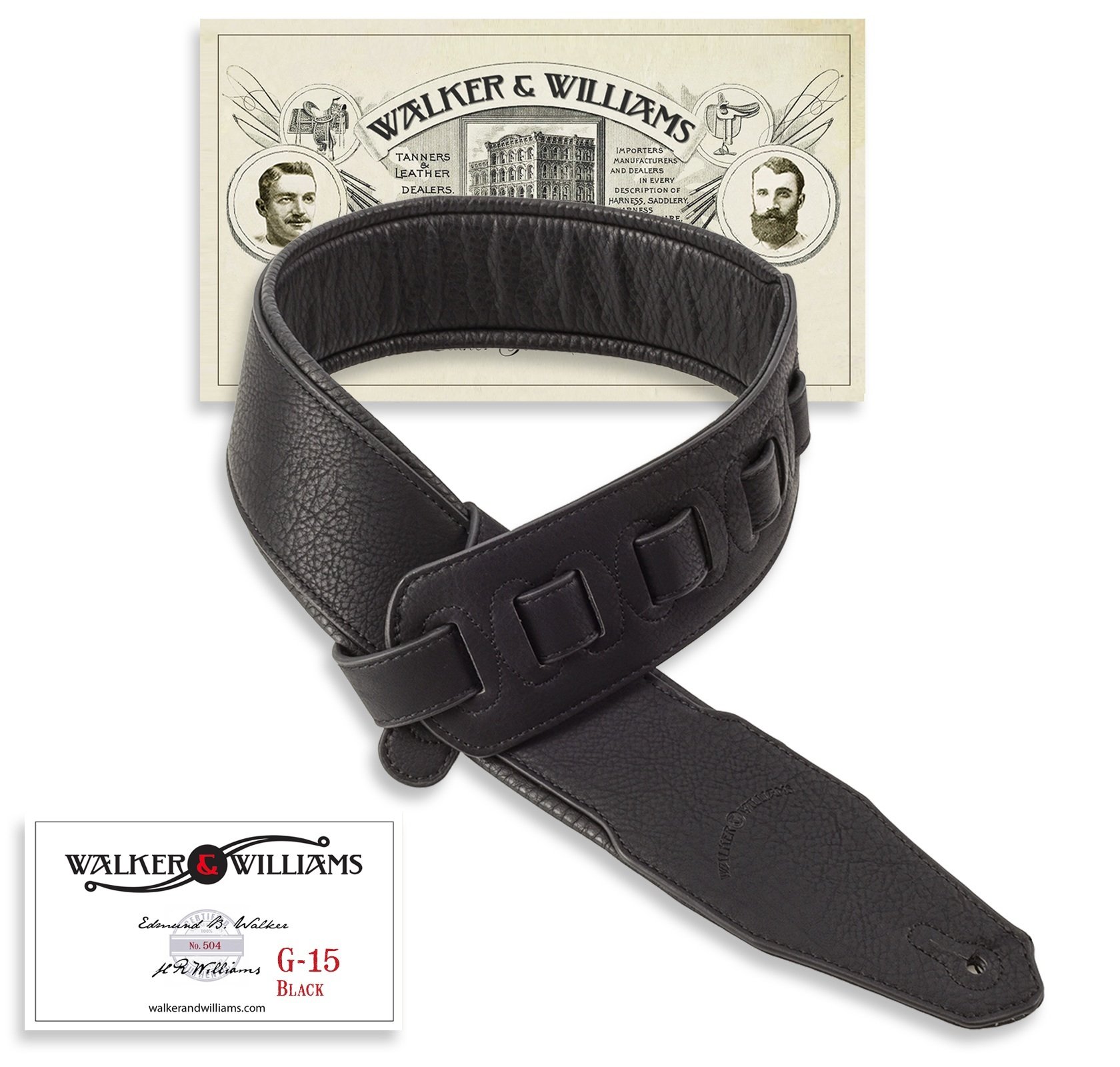 Walker & Williams G-15 Black Leather Natural Texture Guitar Strap with Thick Padding For Acoustic, Electric, And Bass Guitars