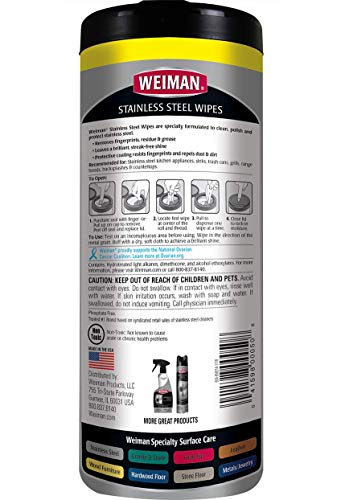 Weiman Stainless Steel Cleaning Wipes [2 Pack] Removes Fingerprints, Residue, Water Marks and Grease From Appliances - Works Great on Refrigerators, Dishwashers, Ovens, Grills and More