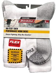 dickies genuine men's 5-pair crew style work socks - white with grey (6-12)