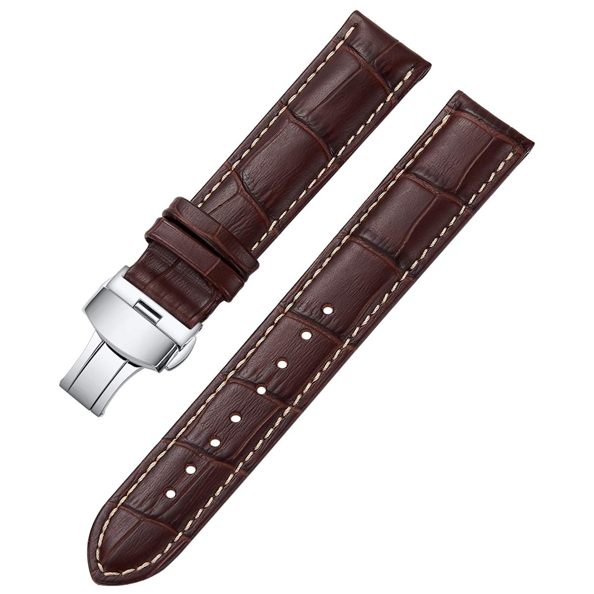 iStrap Leather Watch band -Alligator Grain Embossed Pattern Calfskin Replacement Strap-Stainless Steel Deployment Buckle with Push Buttons-Bracelet for Men Women-18mm 19mm 20mm 21mm 22mm 24mm