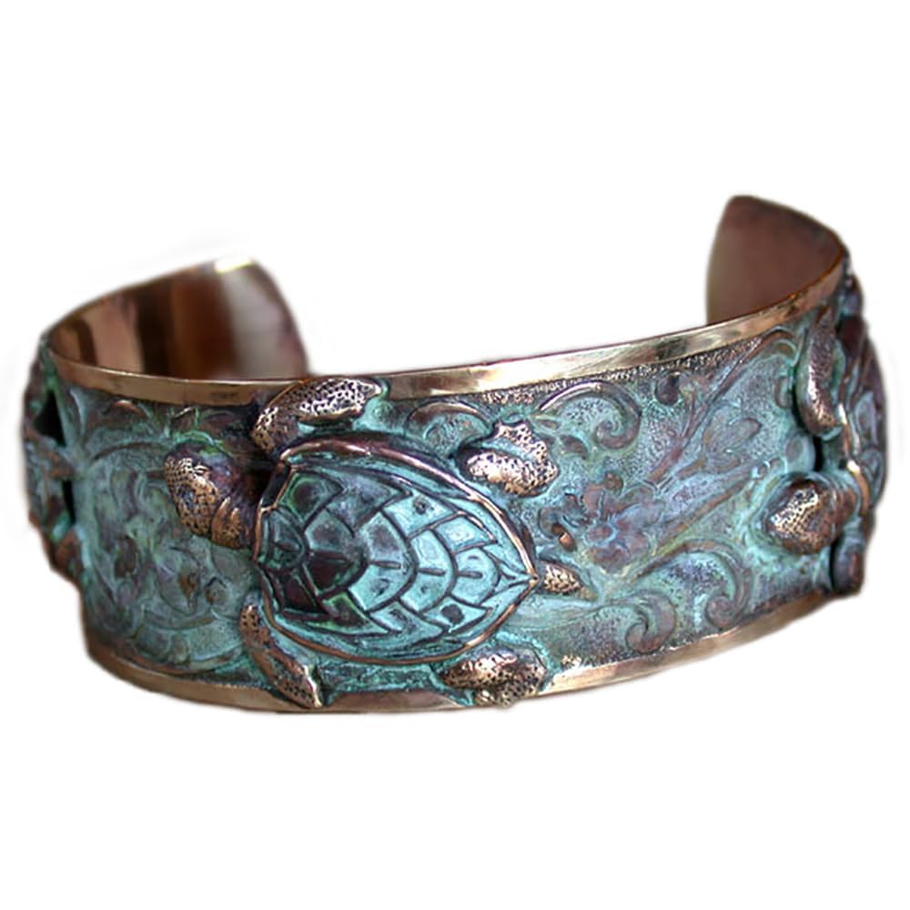 Elaine Coyne Collectible Artwear Classic Sea Turtle Cuff Bracelet - Verdigris Patina Brass