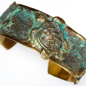 Elaine Coyne Collectible Artwear Classic Sea Turtle Cuff Bracelet - Verdigris Patina Brass