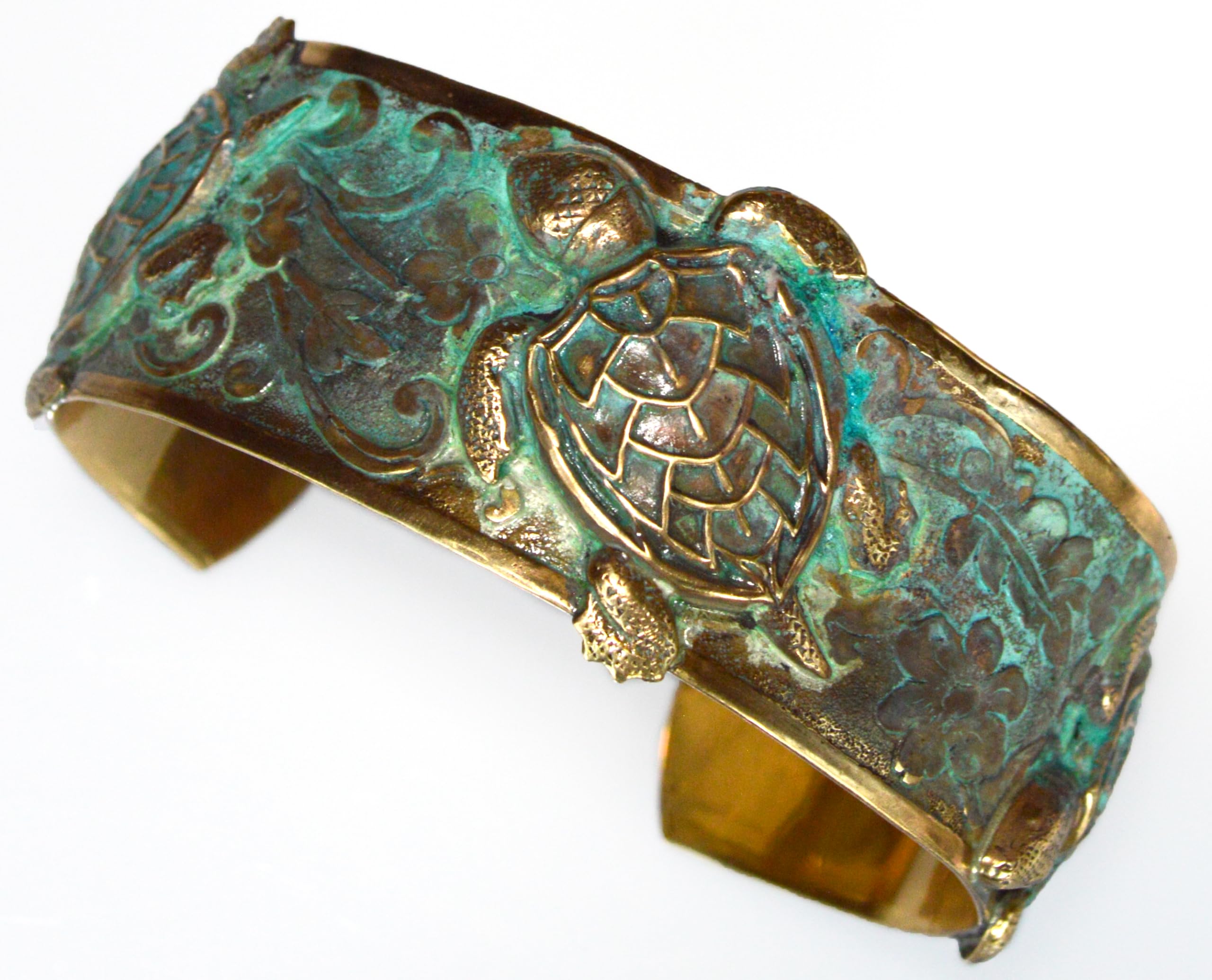 Elaine Coyne Collectible Artwear Classic Sea Turtle Cuff Bracelet - Verdigris Patina Brass