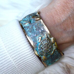 Elaine Coyne Collectible Artwear Classic Sea Turtle Cuff Bracelet - Verdigris Patina Brass