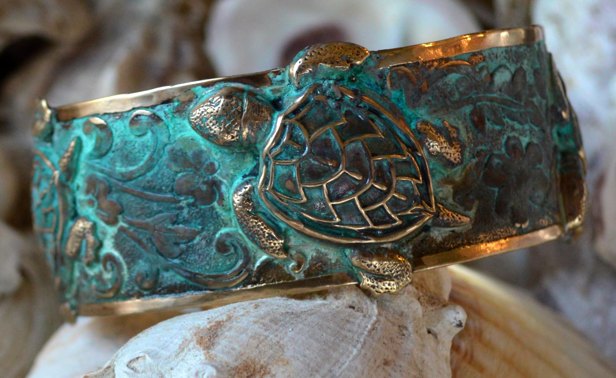 Elaine Coyne Collectible Artwear Classic Sea Turtle Cuff Bracelet - Verdigris Patina Brass