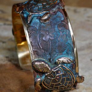 Elaine Coyne Collectible Artwear Classic Sea Turtle Cuff Bracelet - Verdigris Patina Brass