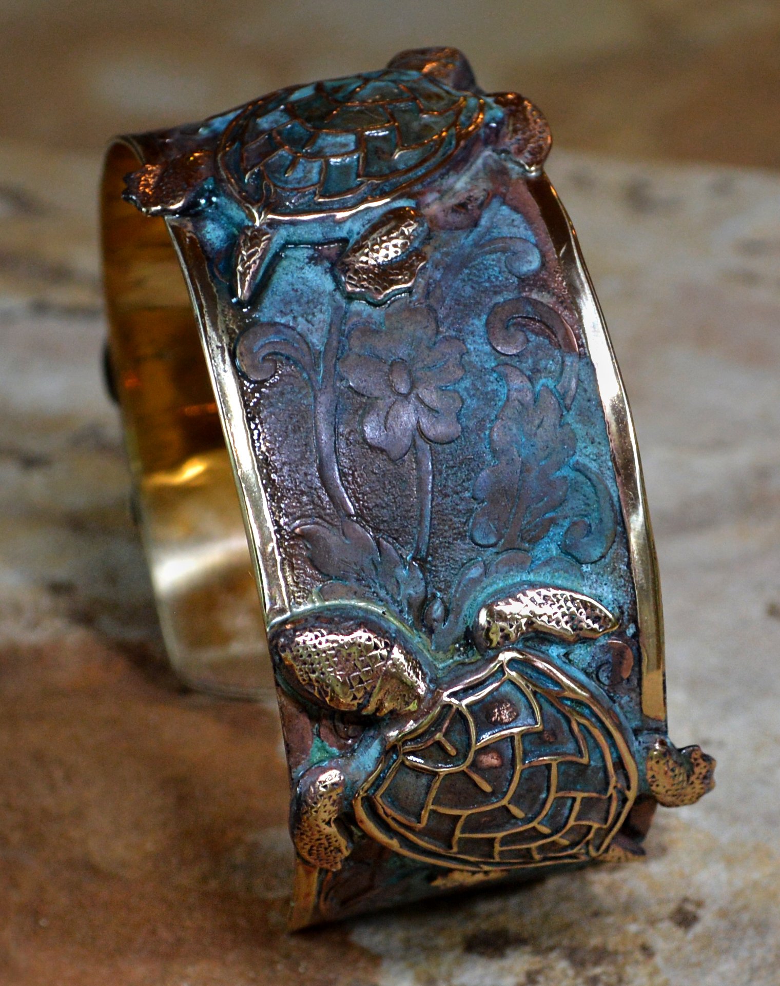 Elaine Coyne Collectible Artwear Classic Sea Turtle Cuff Bracelet - Verdigris Patina Brass