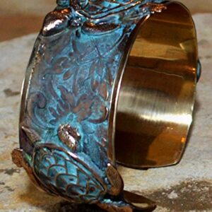 Elaine Coyne Collectible Artwear Classic Sea Turtle Cuff Bracelet - Verdigris Patina Brass