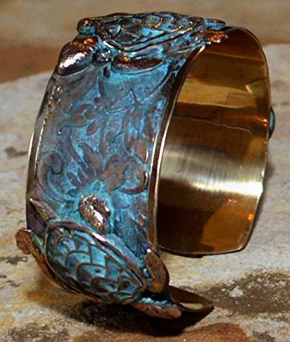 Elaine Coyne Collectible Artwear Classic Sea Turtle Cuff Bracelet - Verdigris Patina Brass