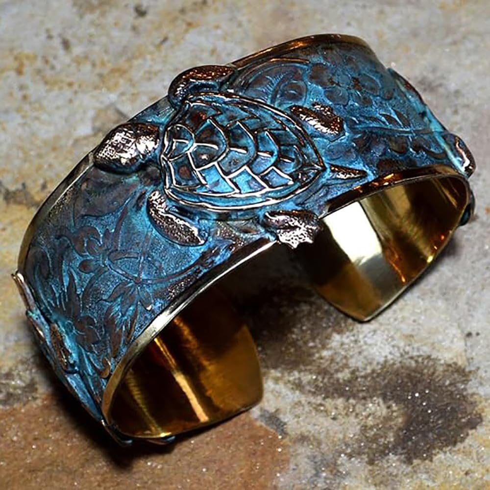 Elaine Coyne Collectible Artwear Classic Sea Turtle Cuff Bracelet - Verdigris Patina Brass