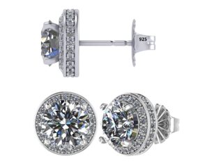 central diamond center round halo stud earrings sterling silver w/pure brilliance zirconia - 6.50mm center, 2.50cttw - platinum