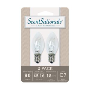 scentsationals 15w bulbs for accent wax warmer, 15 watt light candelabra e12 base - replacement electric wall plug-in wax melter candle, certified style c7 120 volt (2 bulbs)