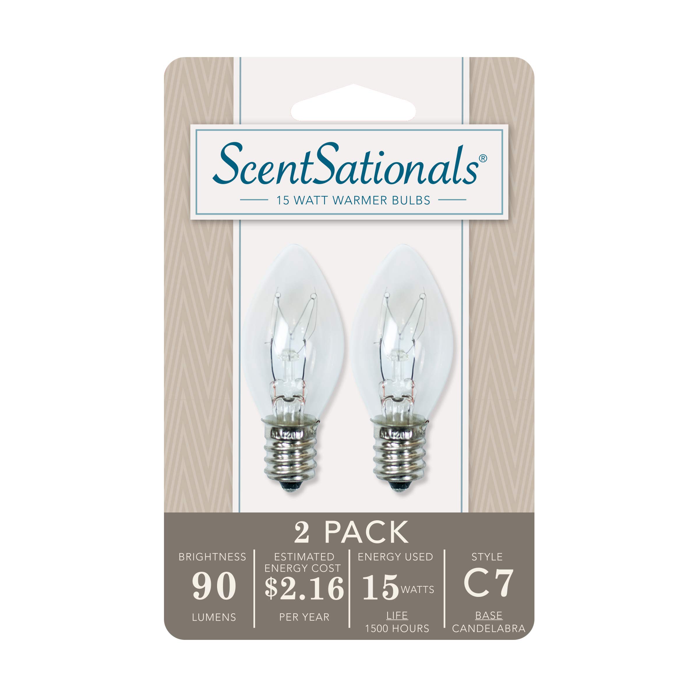 Scentsationals 15w Bulbs for Accent Wax Warmer, 15 Watt Light Candelabra E12 Base - Replacement Electric Wall Plug-in Wax Melter Candle, Certified Style C7 120 Volt (2 Bulbs)