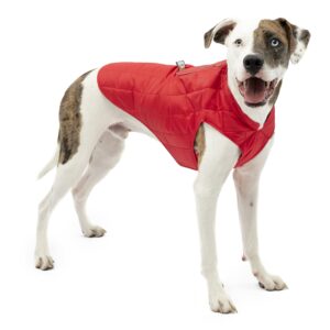 kurgo loft dog jacket, reversible dog coat, wear with harness or sweater, water resistant, reflective, winter coat for small dogs (chili red, s)