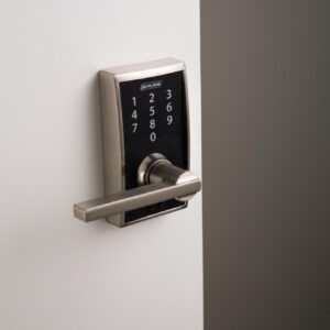 Schlage FE695-CEN-619-LAT Satin Nickel Century Keyless Touch Pad Electronic Leverset with Latitude Lever