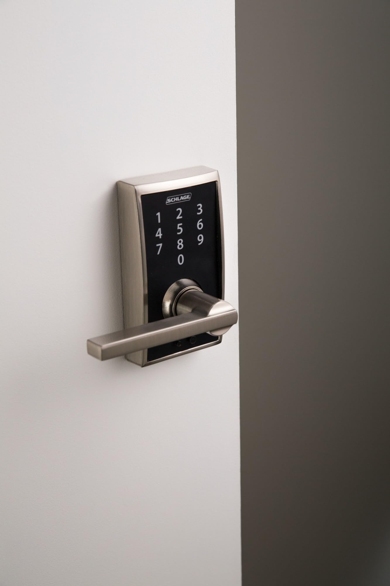 Schlage FE695-CEN-619-LAT Satin Nickel Century Keyless Touch Pad Electronic Leverset with Latitude Lever