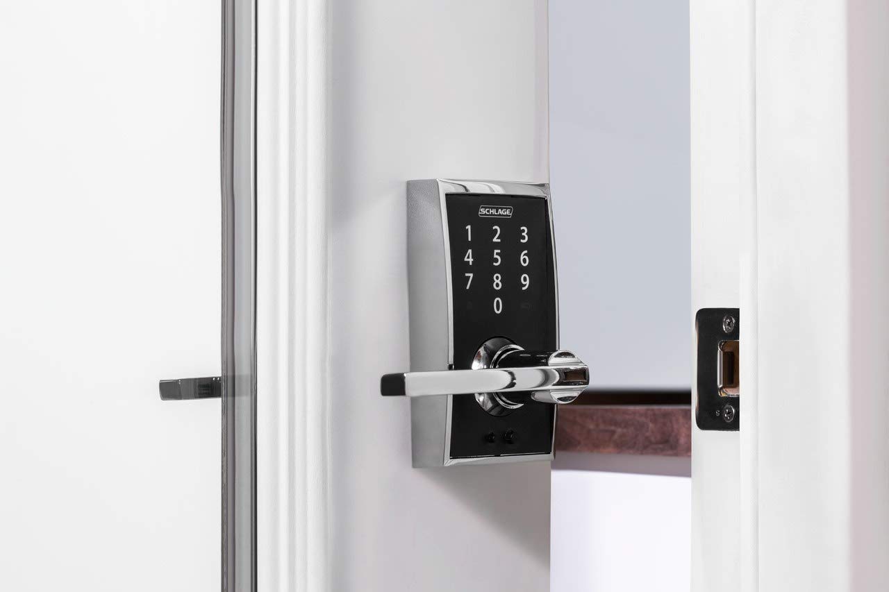 Schlage FE695-CEN-619-LAT Satin Nickel Century Keyless Touch Pad Electronic Leverset with Latitude Lever