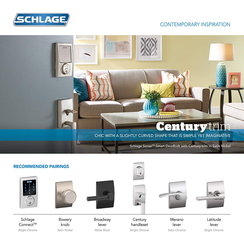 Schlage FE695-CEN-619-LAT Satin Nickel Century Keyless Touch Pad Electronic Leverset with Latitude Lever