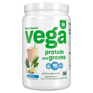 vega protein and greens protein powder, vanilla - 20g plant based protein plus veggies, vegan, non gmo, pea protein for women and men, 21.7 ounce (packaging may vary)