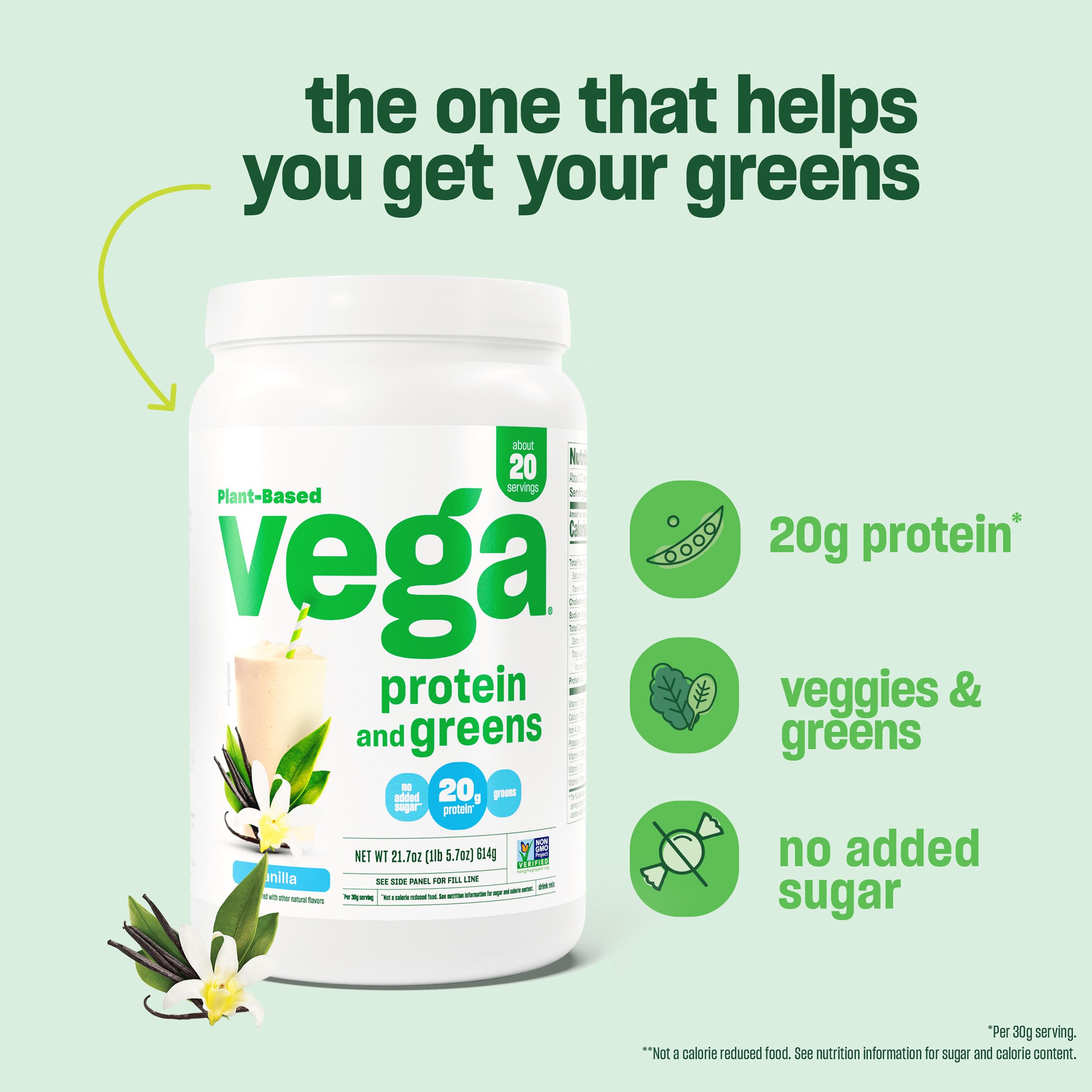 Vega Protein and Greens Protein Powder, Vanilla - 20g Plant Based Protein Plus Veggies, Vegan, Non GMO, Pea Protein for Women and Men, 21.7 Ounce (Packaging May Vary)