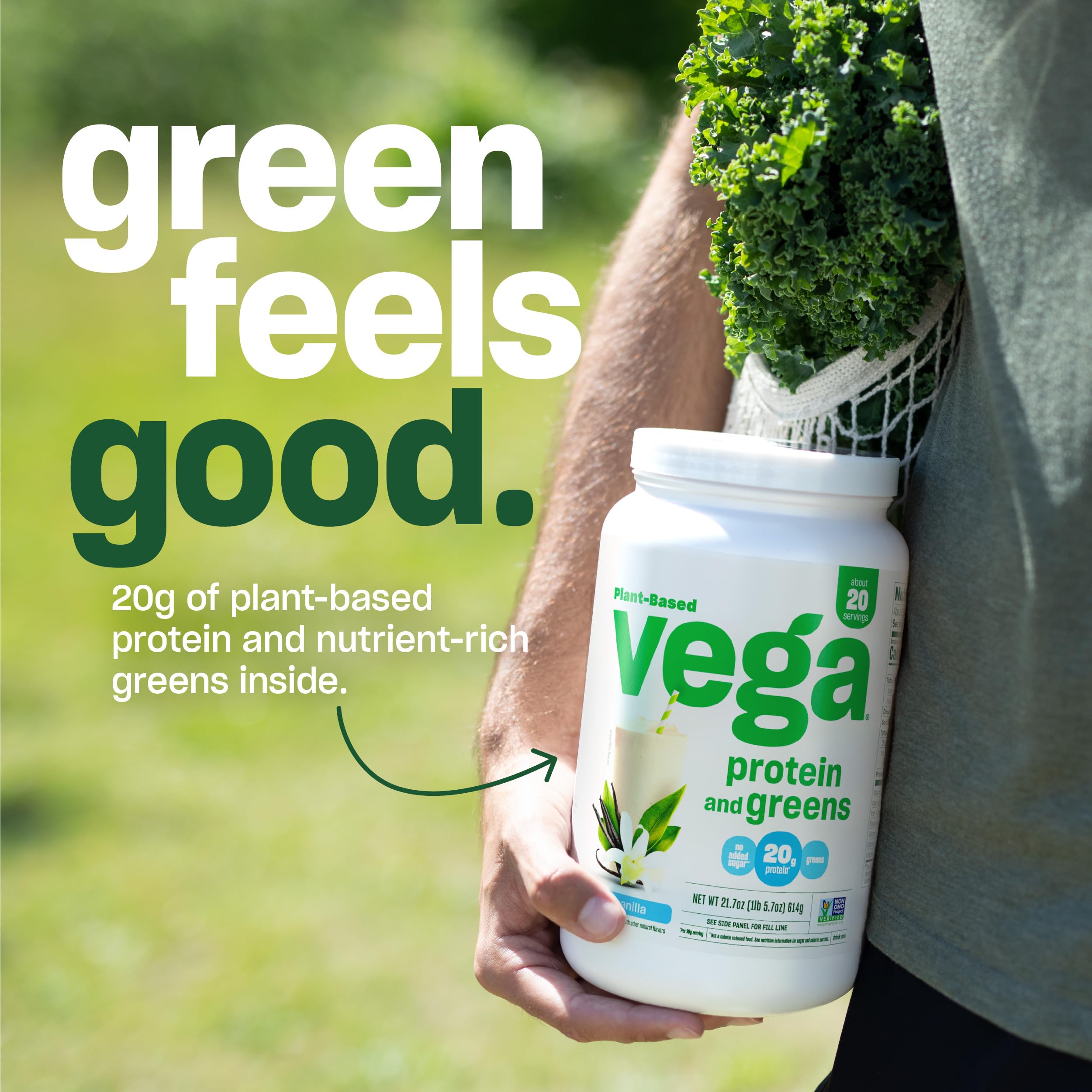 Vega Protein and Greens Protein Powder, Vanilla - 20g Plant Based Protein Plus Veggies, Vegan, Non GMO, Pea Protein for Women and Men, 21.7 Ounce (Packaging May Vary)