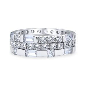 geometric cubic zirconia aaa cz round baguette stackable eternity 3 wedding band ring set for women .925 sterling silver