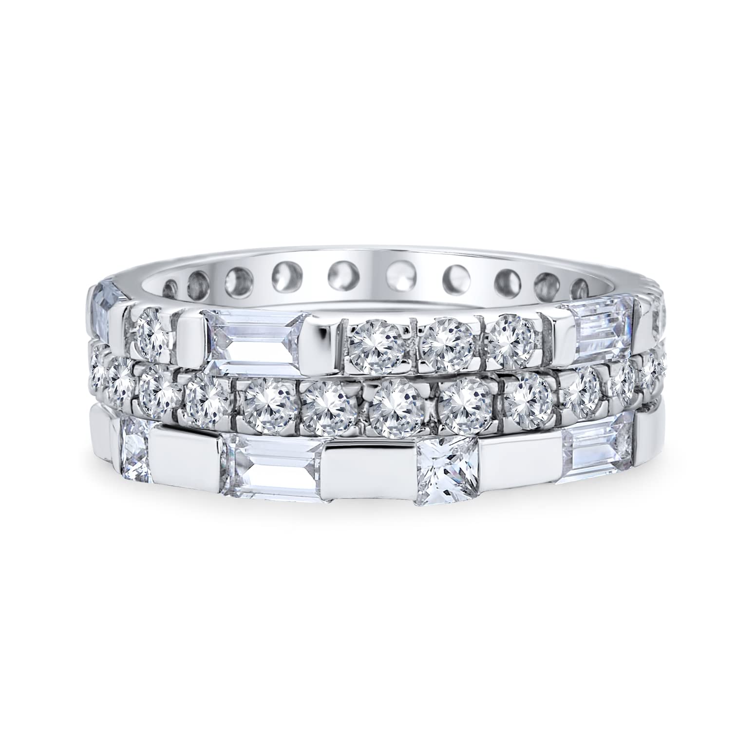 Geometric Cubic Zirconia AAA CZ Round Baguette Stackable Eternity 3 Wedding Band Ring Set For Women .925 Sterling Silver