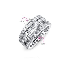 Geometric Cubic Zirconia AAA CZ Round Baguette Stackable Eternity 3 Wedding Band Ring Set For Women .925 Sterling Silver