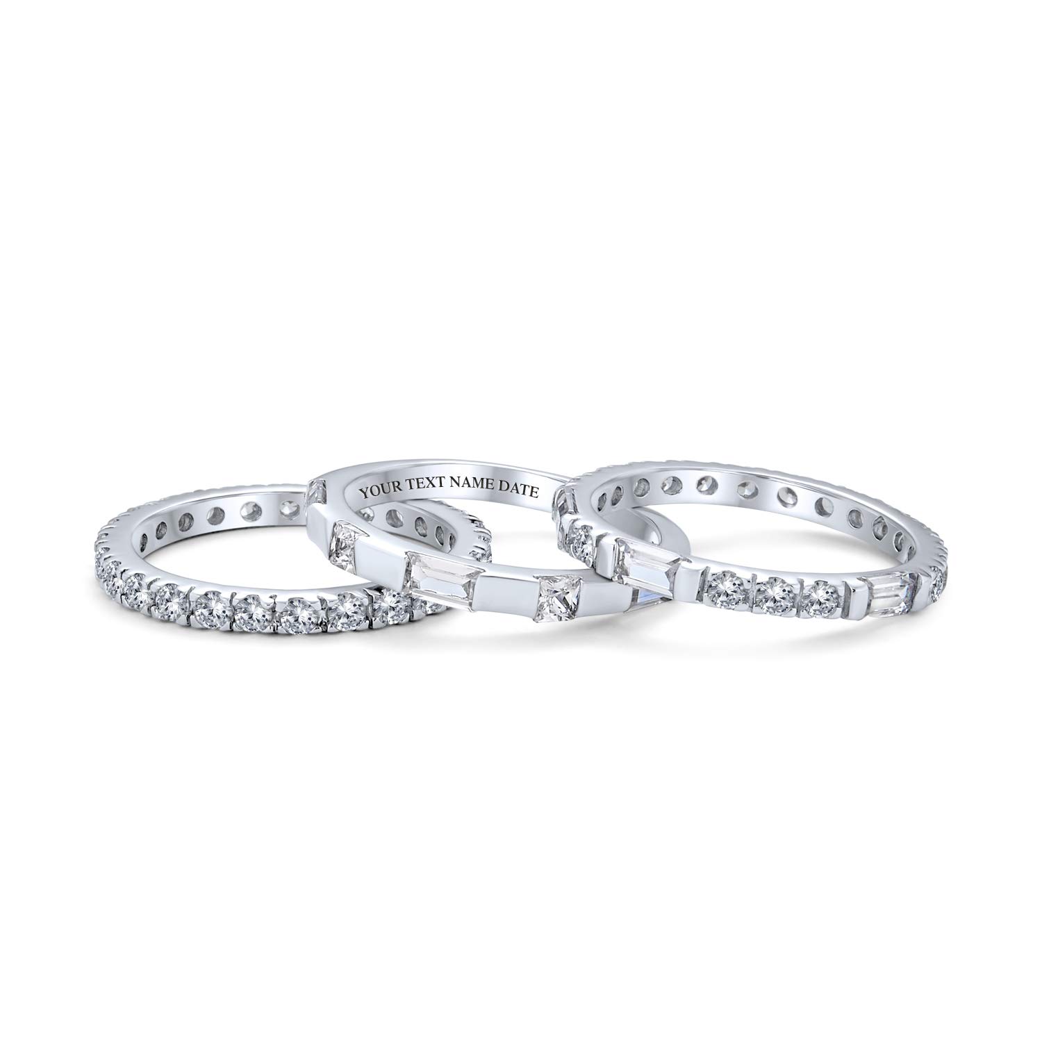 Geometric Cubic Zirconia AAA CZ Round Baguette Stackable Eternity 3 Wedding Band Ring Set For Women .925 Sterling Silver