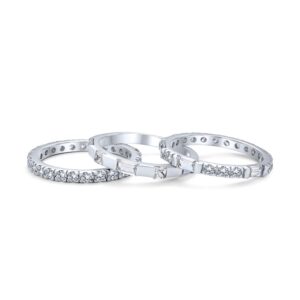 Geometric Cubic Zirconia AAA CZ Round Baguette Stackable Eternity 3 Wedding Band Ring Set For Women .925 Sterling Silver