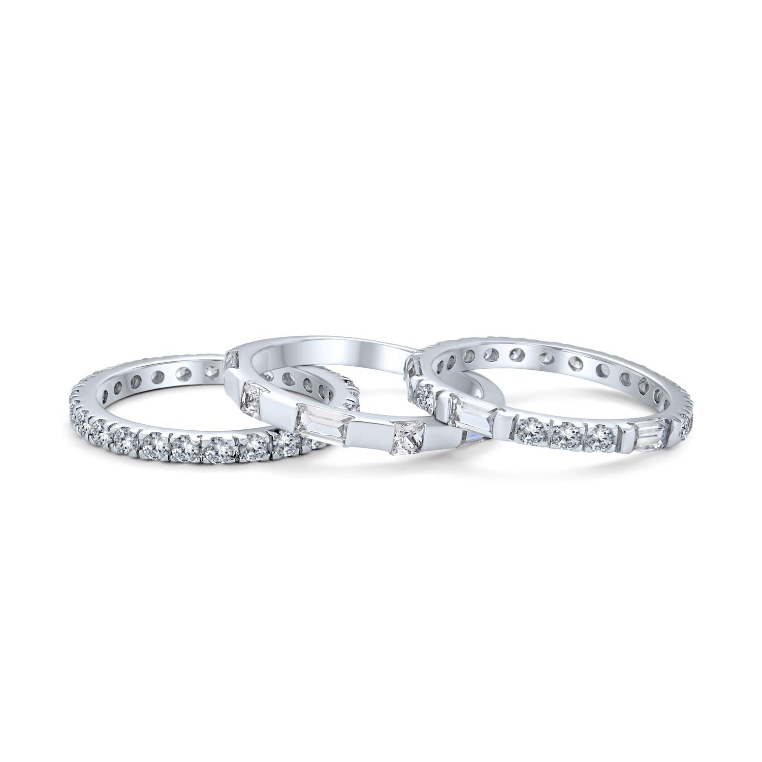 Geometric Cubic Zirconia AAA CZ Round Baguette Stackable Eternity 3 Wedding Band Ring Set For Women .925 Sterling Silver